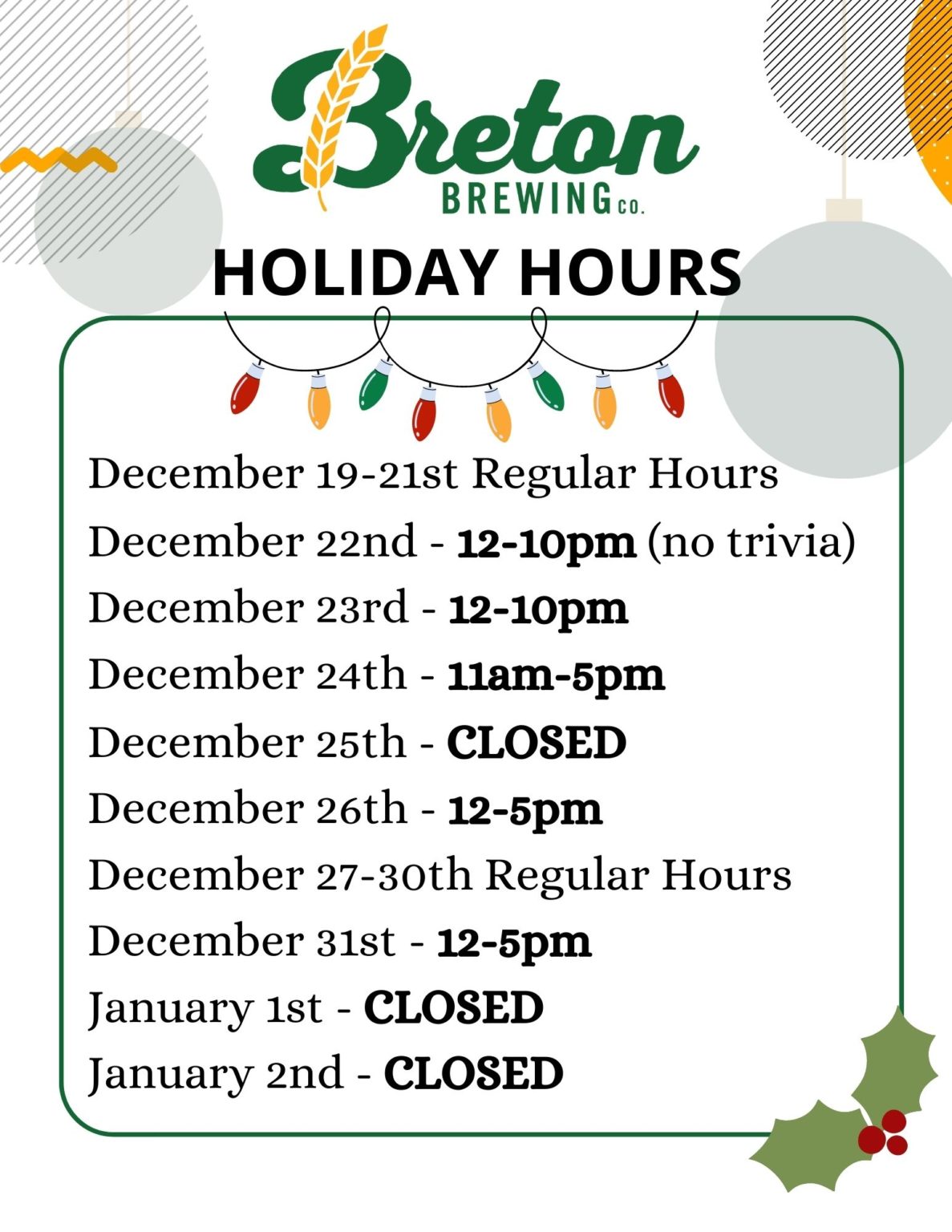 Holiday Hours – Breton Brewing Co.